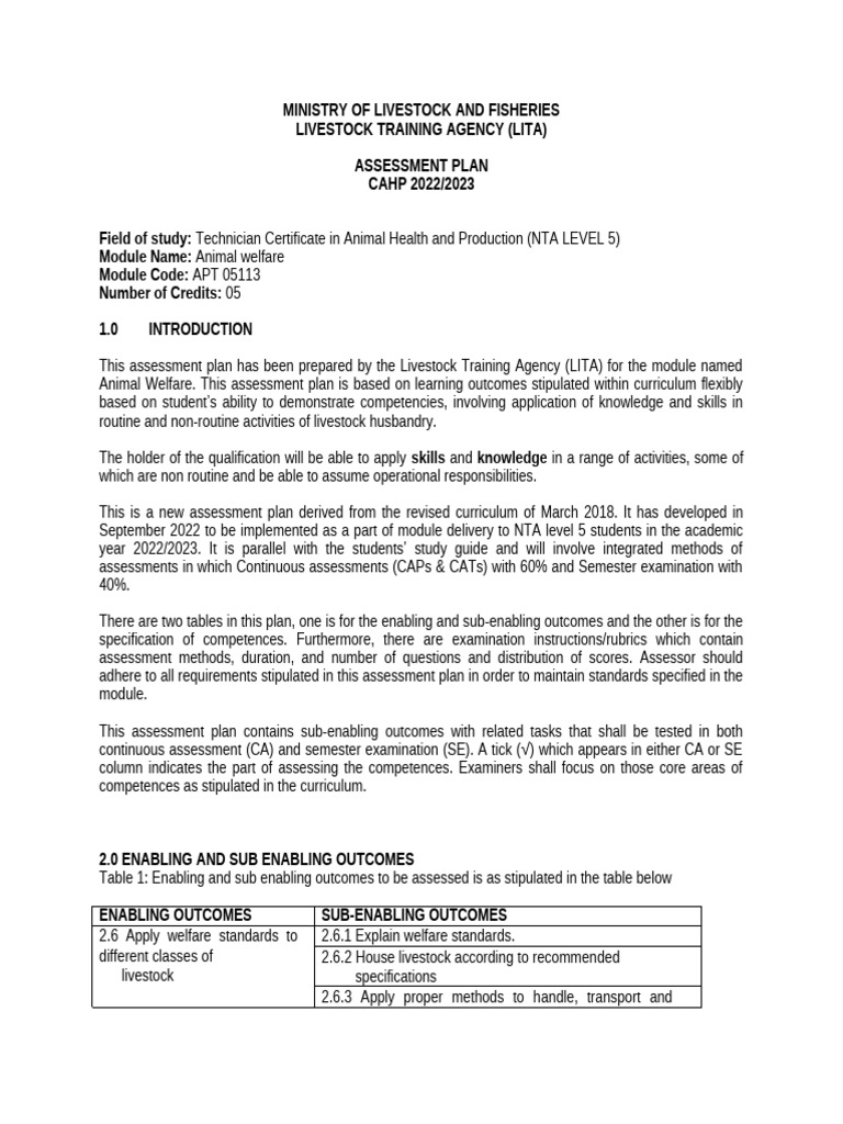 Animal Welfare Assessment Plan NTA 5 | PDF | Animal Slaughter | Curriculum