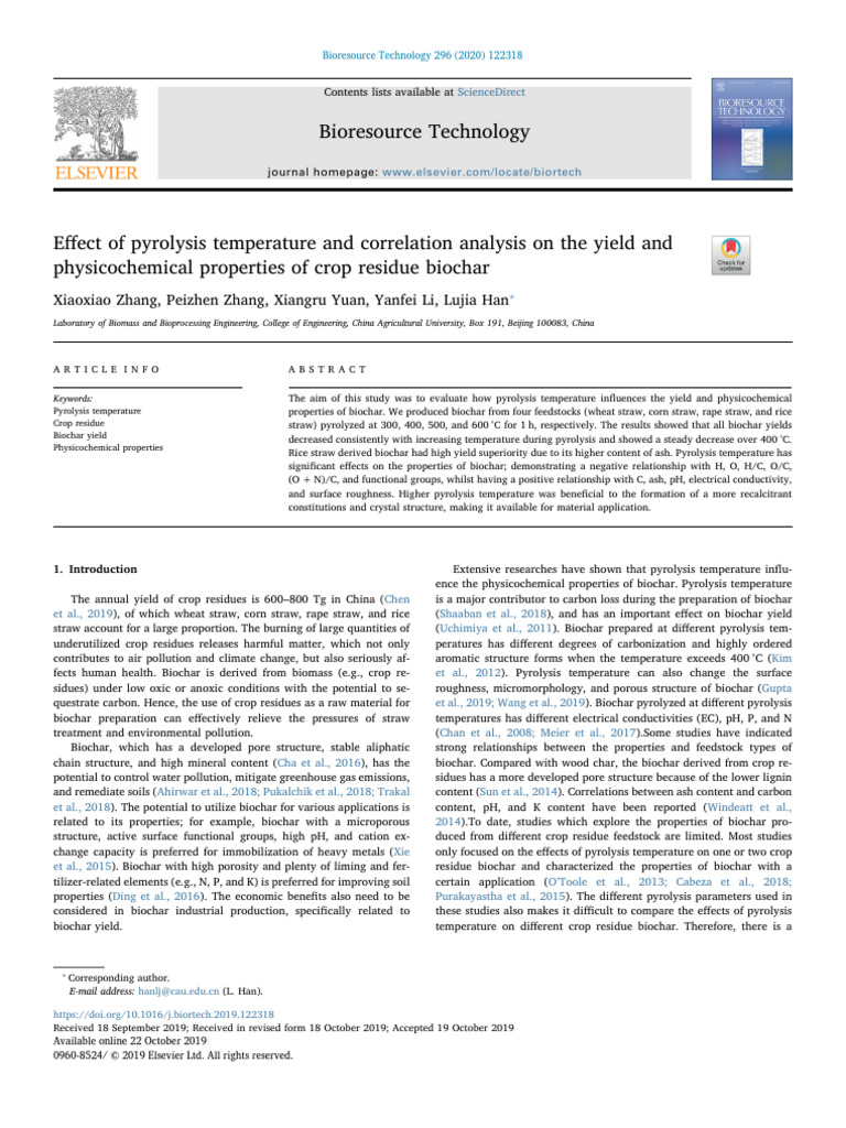 Effect of pyrolysis temperature and correlation analysis on the yield and physicochemical ...