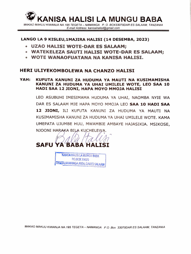 Kufuta Kanuni Za Huduma Ya Mauti Na Kusimamisha Kanuni Za Huduma Ya Uhai Umilele Wote, Leo Saa ...
