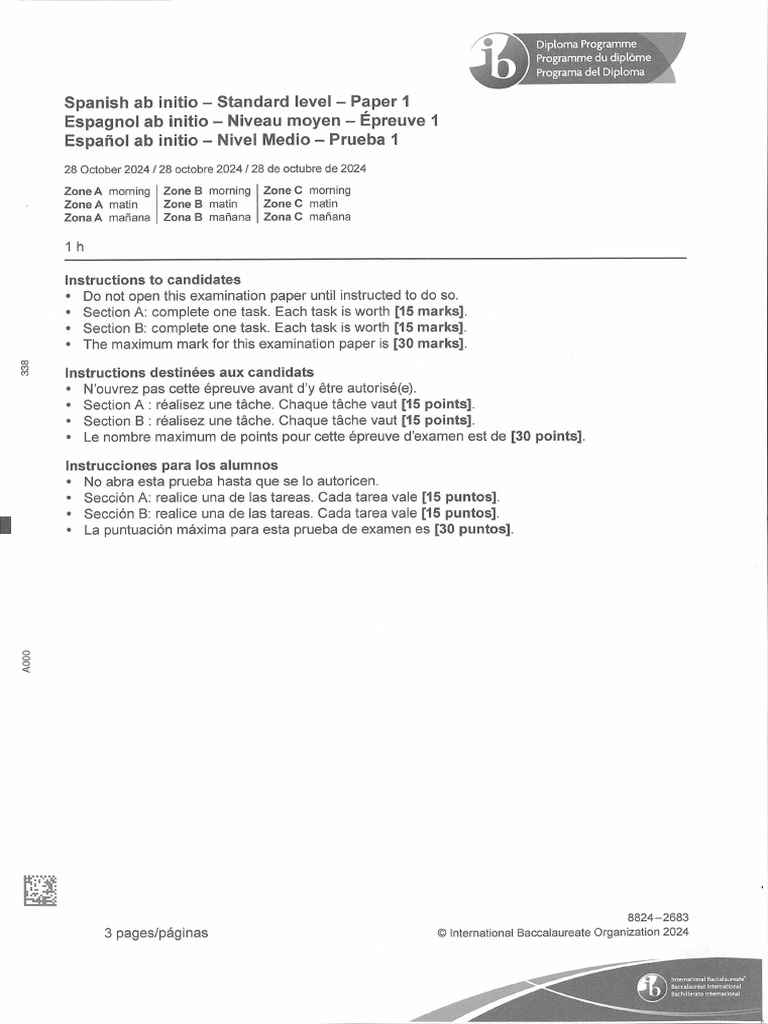 2024 Nov Spanish Ab Initio Paper 1 (Writing) | PDF
