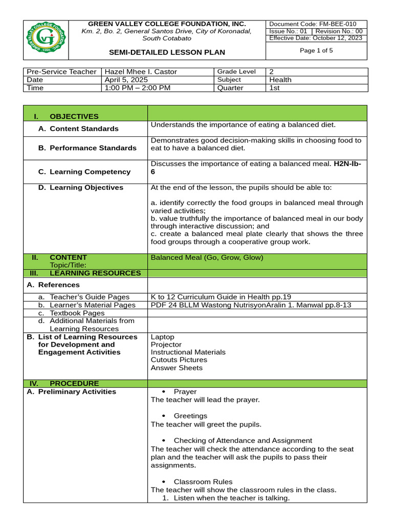 Grade 2 Health Lesson Plan: Balanced Meal | PDF | Foods | Teachers
