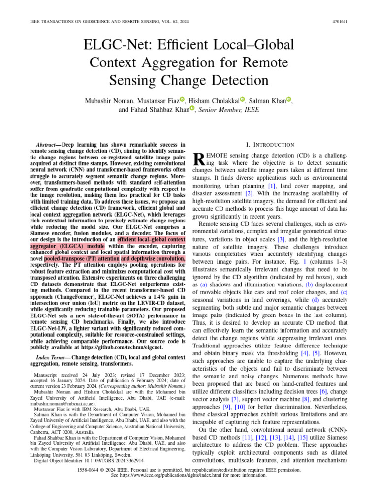 26 ELGC-Net Efficient LocalGlobal Context Aggregation For Remote Sensing Change Detection | PDF ...