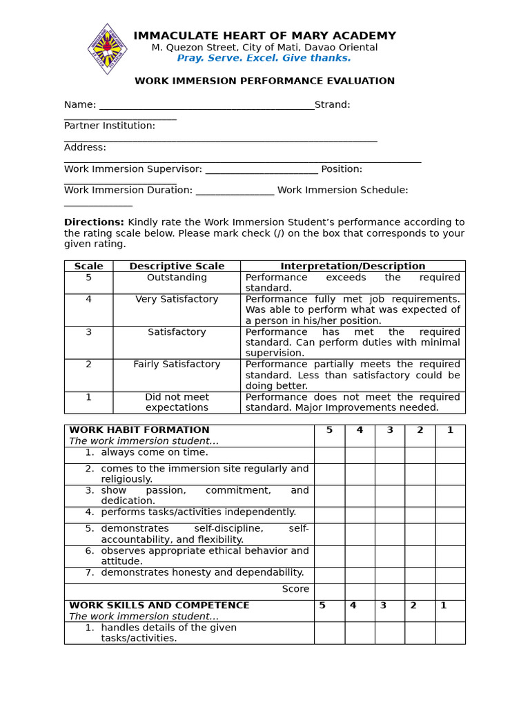 Work Immersion Performance Evaluation | PDF | Performance Appraisal | Behavioural Sciences