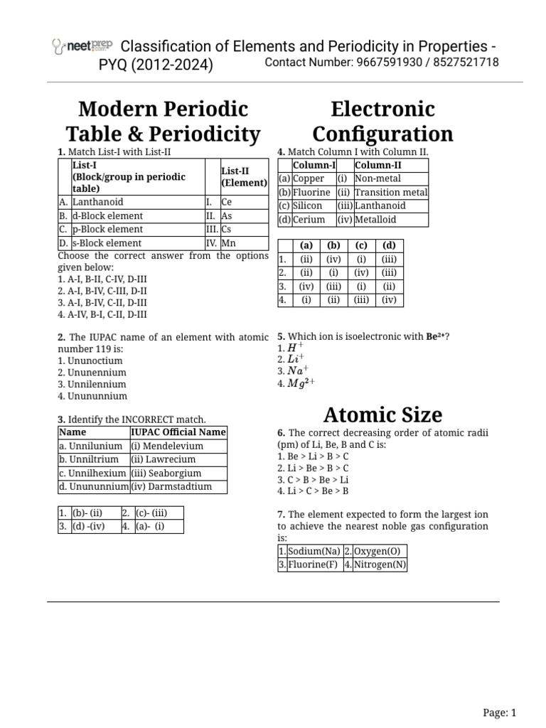 Classification of Elements and Periodicity in Properties - PYQ (2012 ...