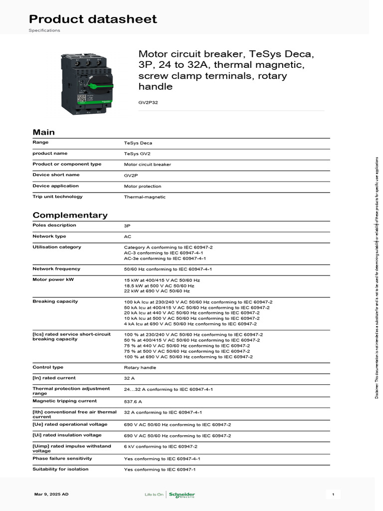 TeSys GV2P32 Motor Circuit Breaker | PDF | Alternating Current ...