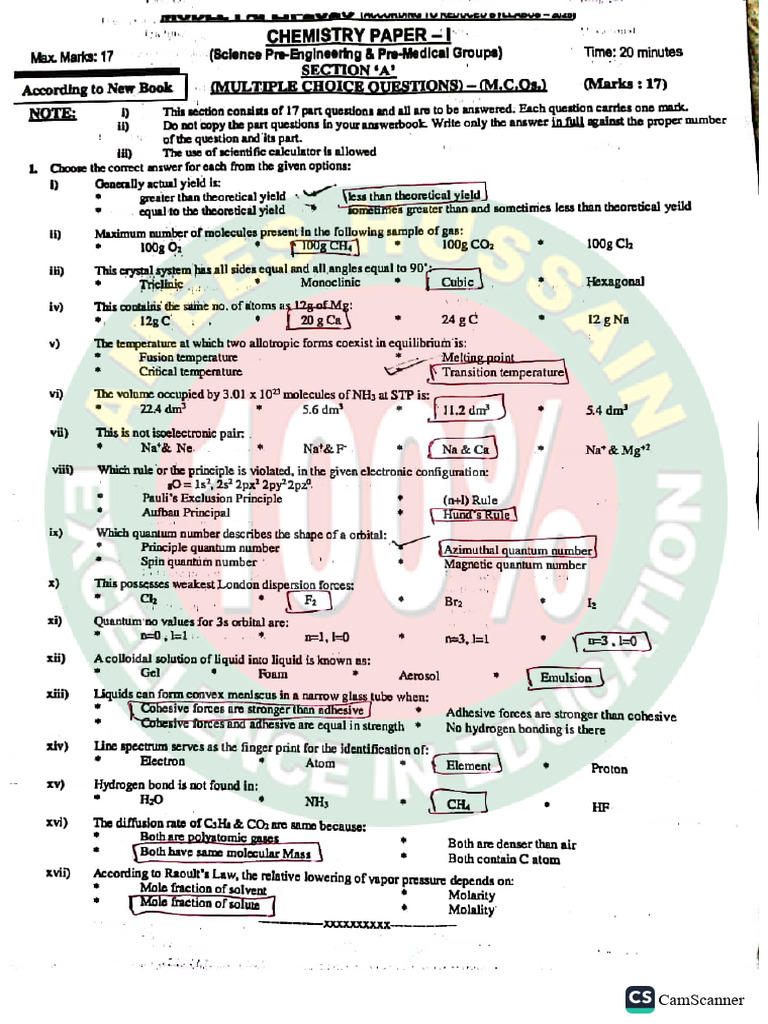 Class 11 Chemistry Model Paper Solutions | PDF | Gases | Ion