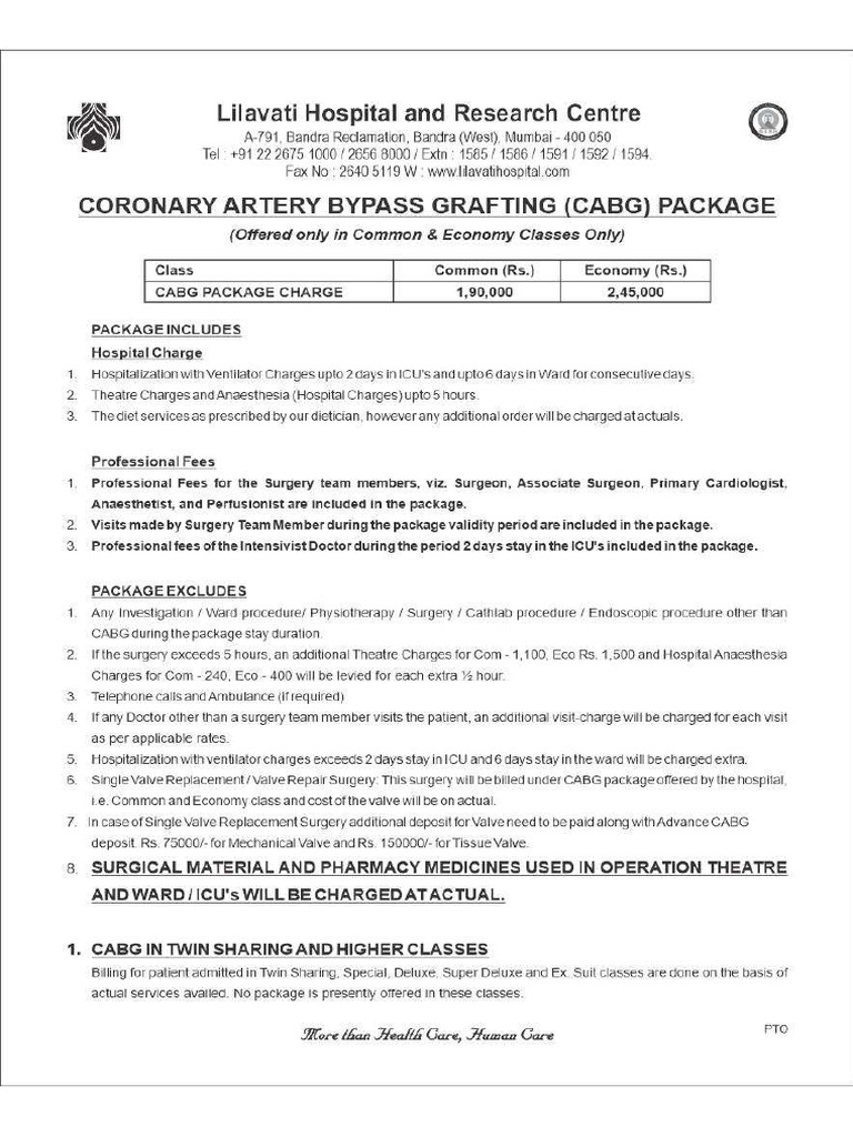 Coronary Angio Bypass Grafting (Cabg) Package | PDF