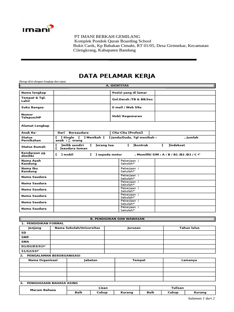 Form Data Pelamar Kerja-Staf PQ (1) (4) | PDF
