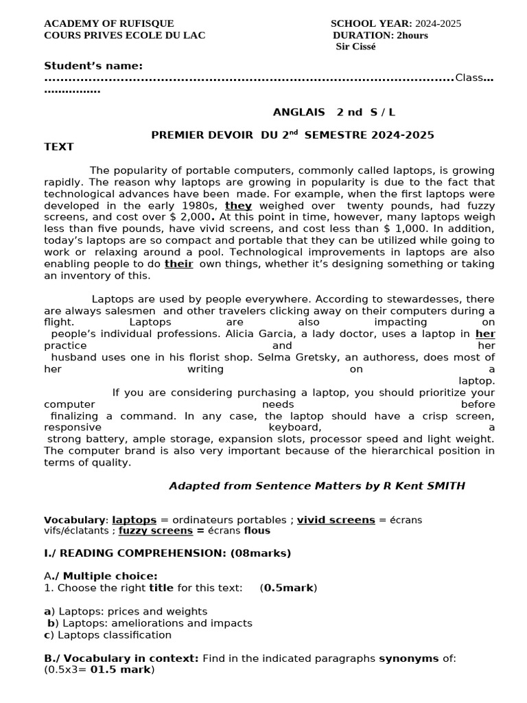 Dv1 Du2nd Semestre Second SL Edl 2025 | PDF | Laptop | Computer Hardware