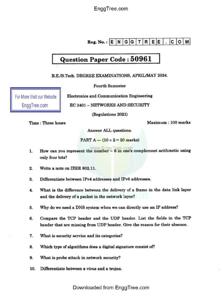 EC3401 Networks and Security Apr May 2024 Question Paper Download | PDF | Network Architecture ...
