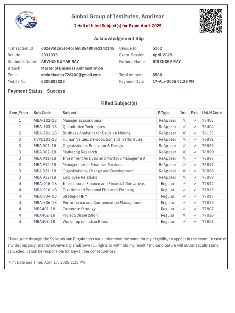Arvind Kumar Ray Examination Form | PDF | Master Of Business ...