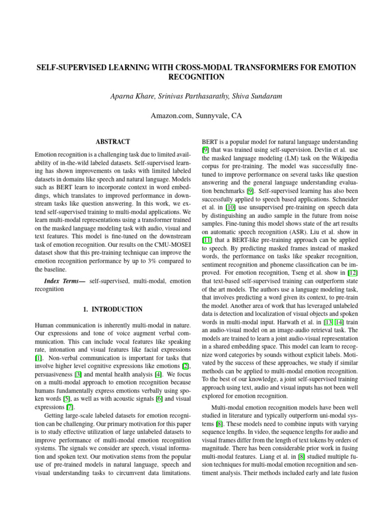 Self-Supervised Learning with Cross-Modal Transformers for Emotion Recognition | PDF | Speech ...