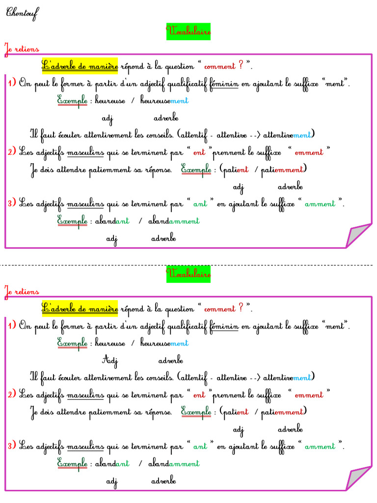 Vocabulaire Les Adverbes de Manière 5ap | PDF