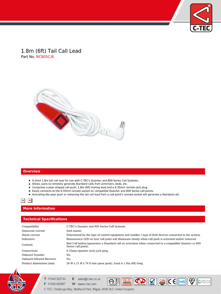 1.8m Tail Call Lead for Quantec Systems | PDF