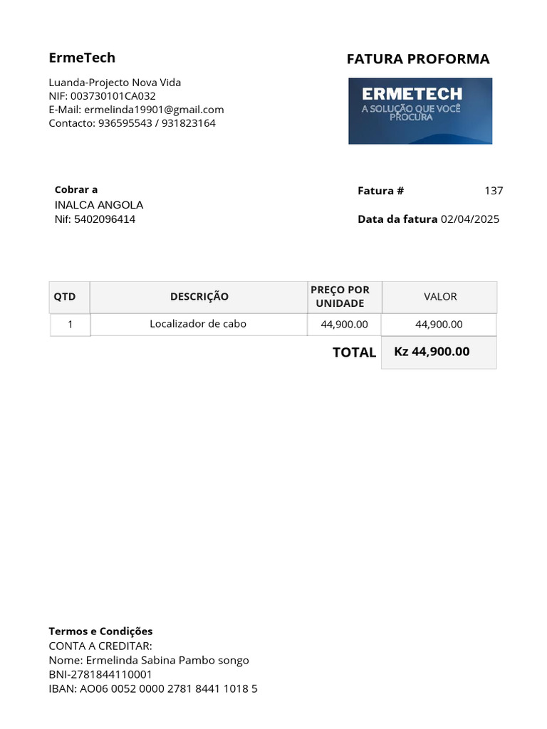 Fatura Proforma - Projeto Nova Vida | PDF