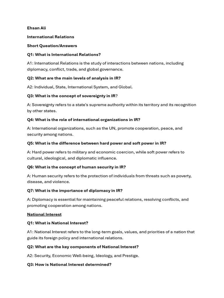 I R Short Questions Answers | PDF | Diplomacy | Foreign Policy