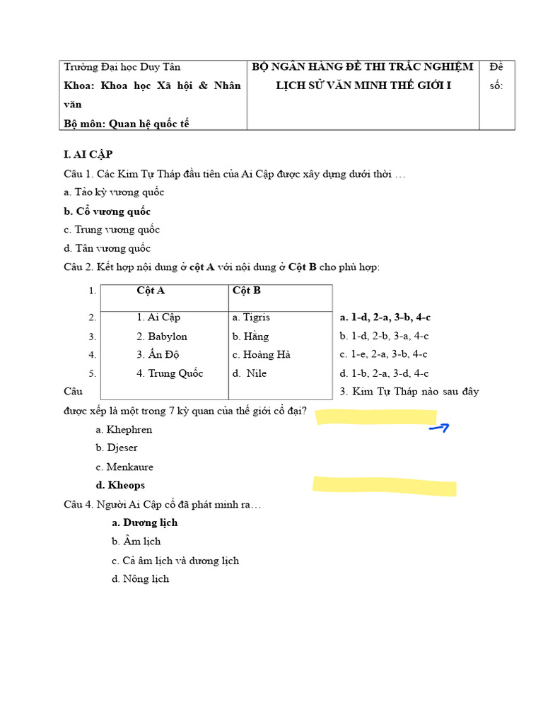 Top 150 Cau Hoi Trac Nghiem Co Dap An Lich Su Van Minh The Gioi 1 Truo 113144 | PDF