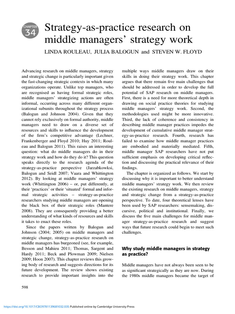 Strategy As Practice Research On Middle Managers Strategy Work | PDF
