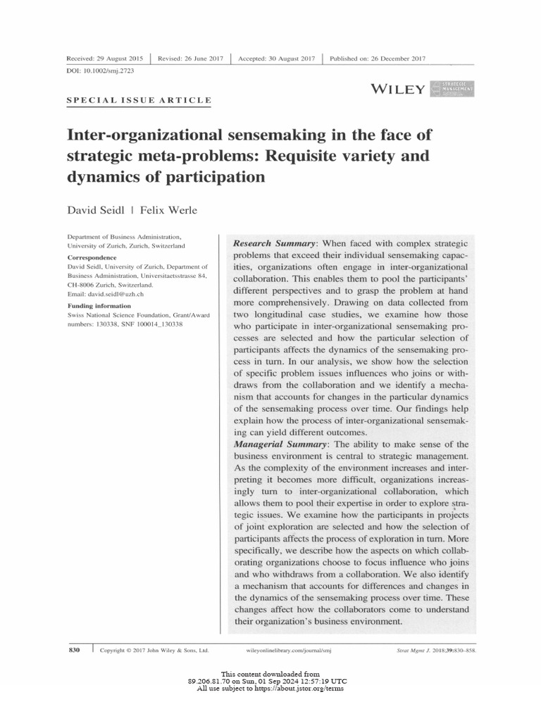 Inter-Organizational Sensemaking in The Face of Strategic Meta-Problems - Requisite Variety and ...