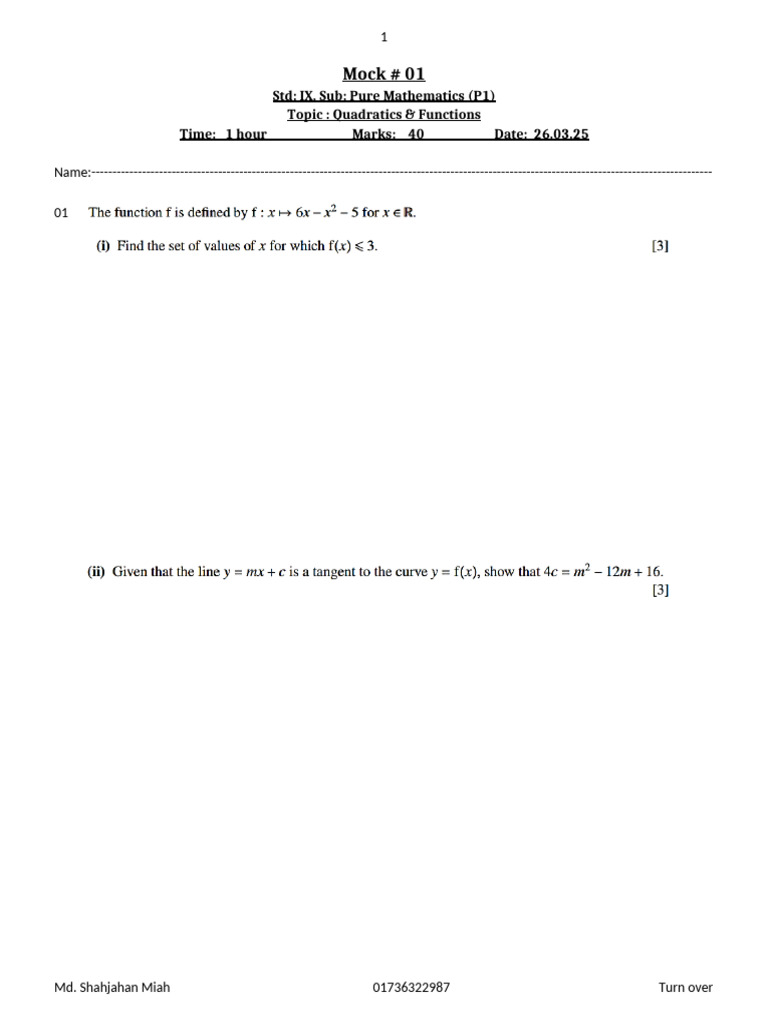 Mock# 01, Pure Maths (P1) | PDF