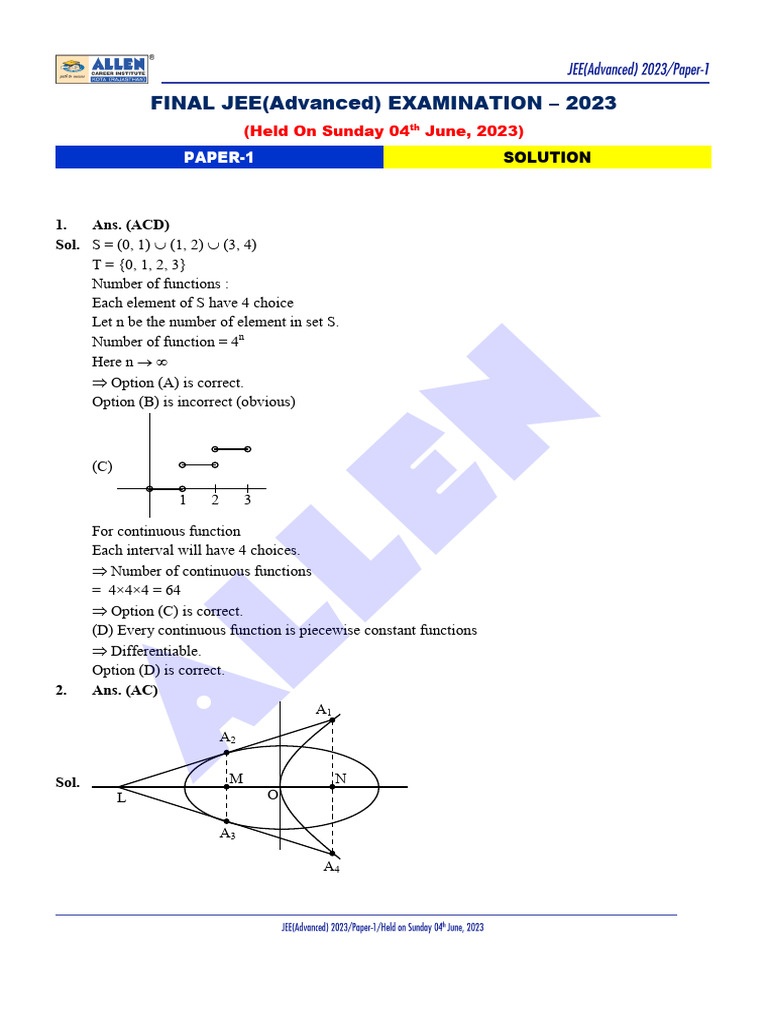 JEE Advanced 2023 Paper 1 Mathematics Sol | PDF | Analysis ...