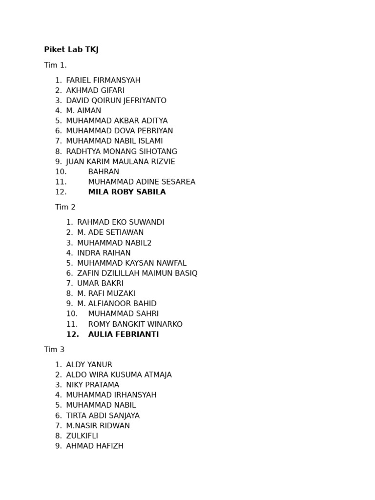 Daftar Nama Piket Lab TKJ 2 | PDF