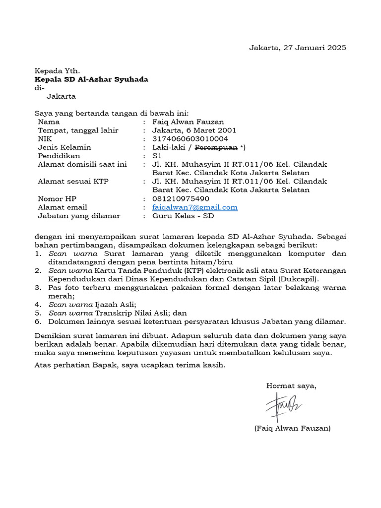 Surat - Lamaran - SD Al-Azhar Syuhada | PDF