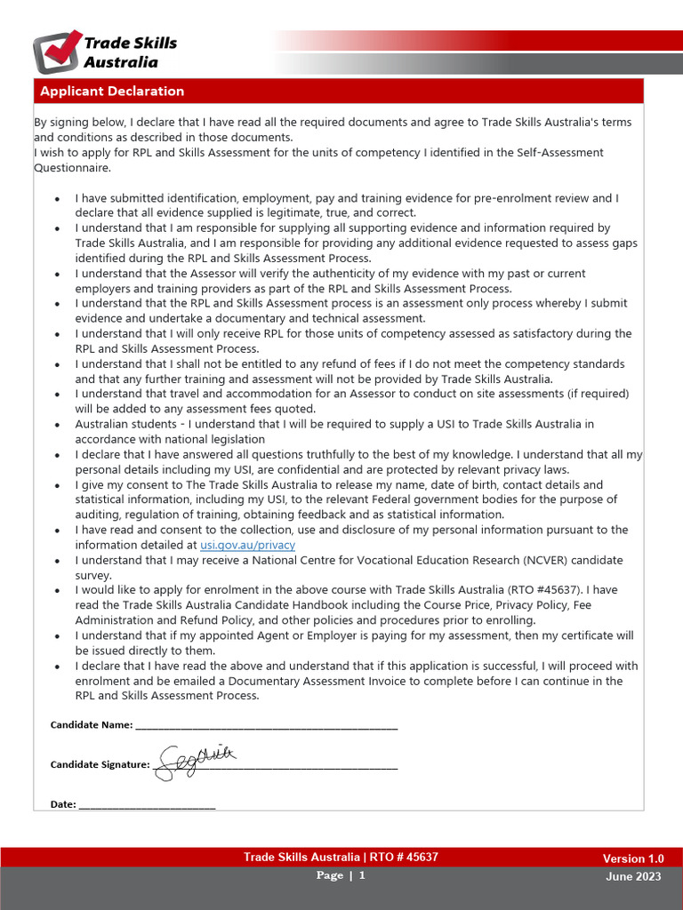 TSA Applicant Declaration - June 2023 | PDF | Justice | Crime & Violence