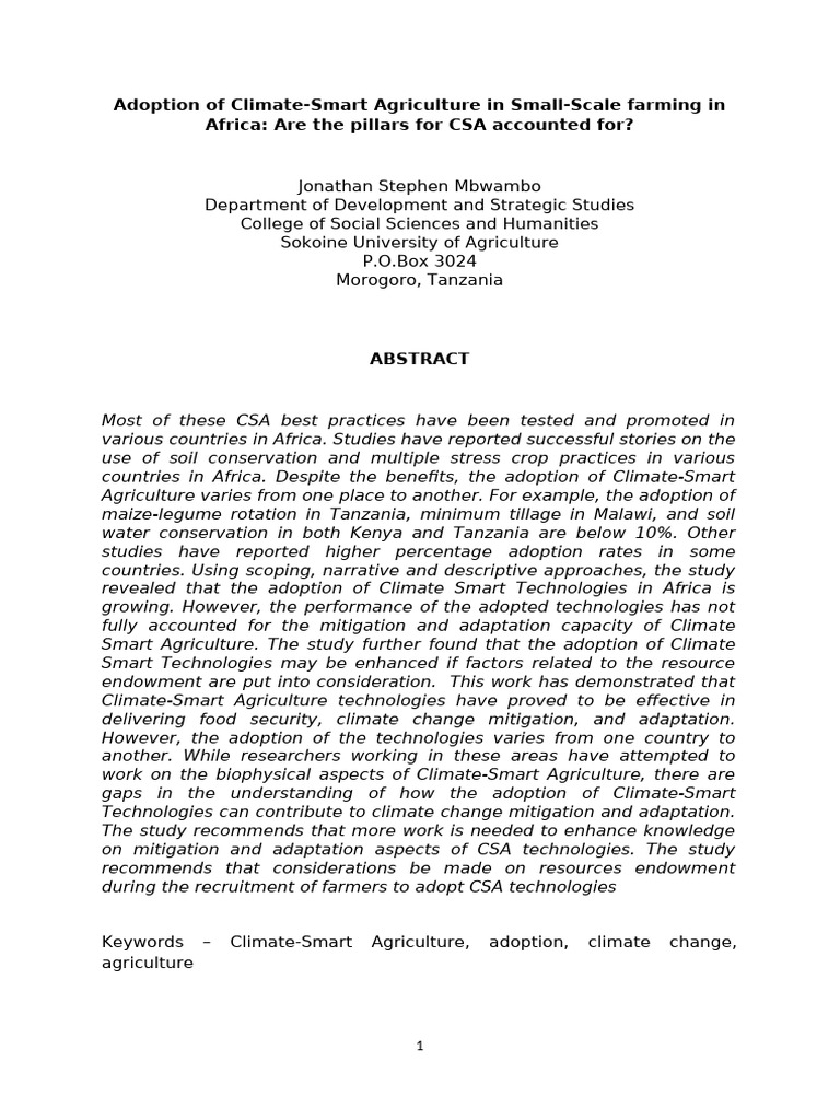 ADOPTION OF CSA PAPER 0912023.edited | PDF | Agriculture | Smallholding