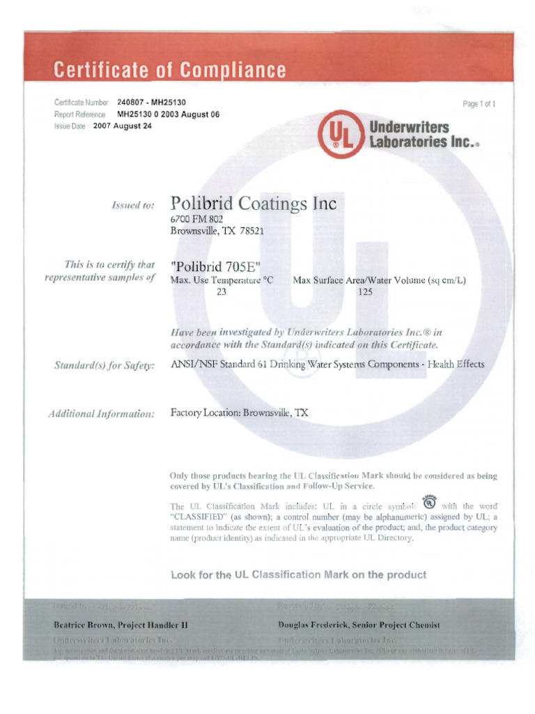 ANSI NSF 61 Certificate of Compliance - 2007 - Polibrid 705E | PDF