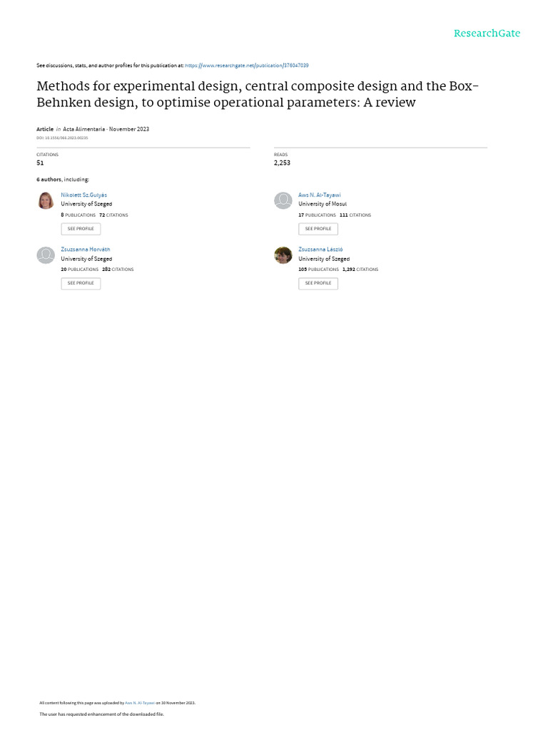 Methods For Experimental Design, Central Composite Design and The Box-Behnken Design, To ...
