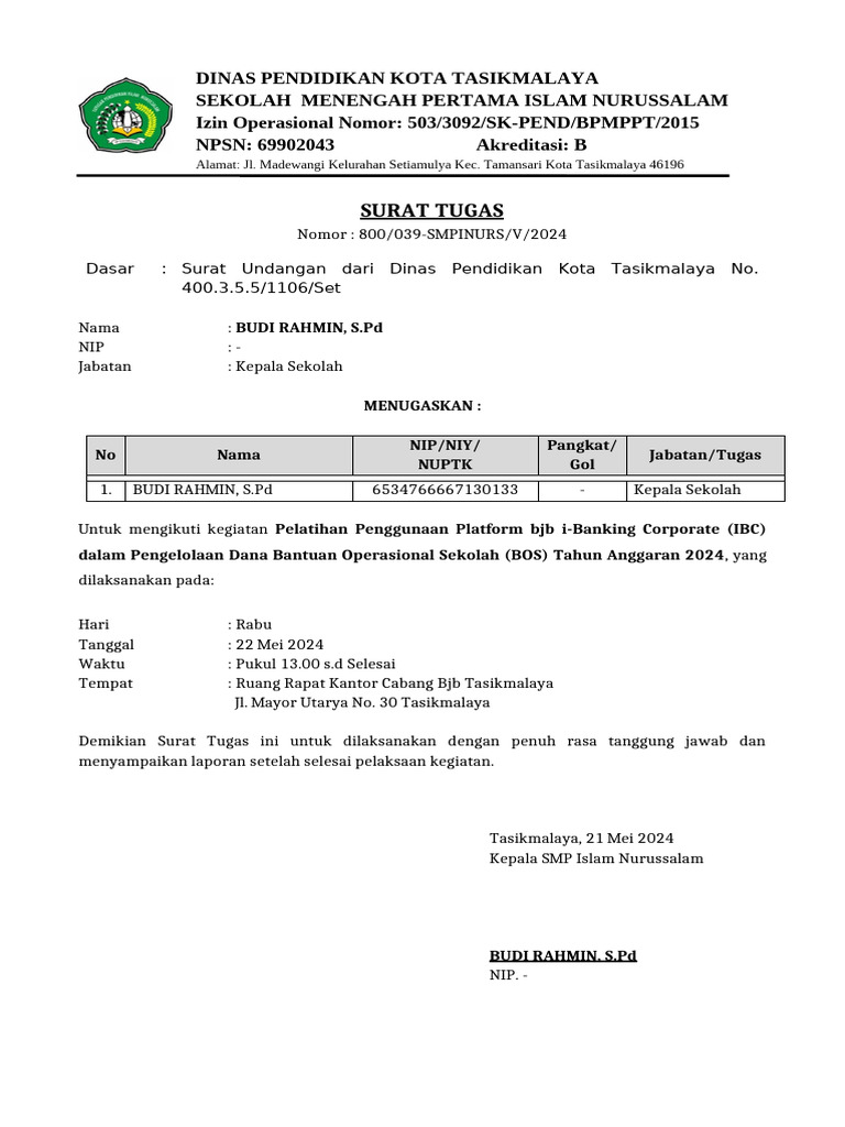 039 Surat Tugas Budi Pelatihan Ibc | PDF