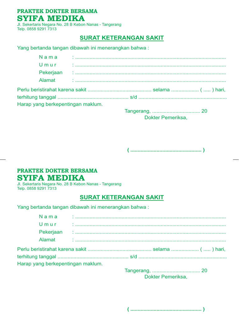 Surat Ket Sakit - SYIFA MEDIKA - Nota 1 Per 2 Folio 1 Rim W. Hijau | PDF