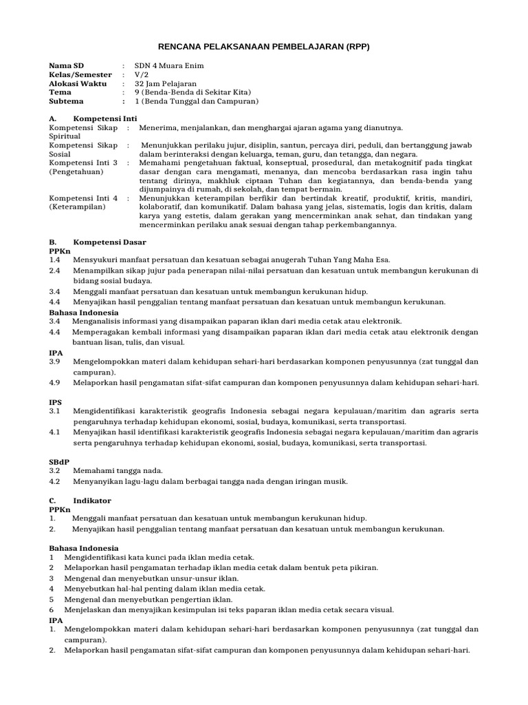 RPP TEMA 9 Benda-Benda di Sekitar Kita | PDF