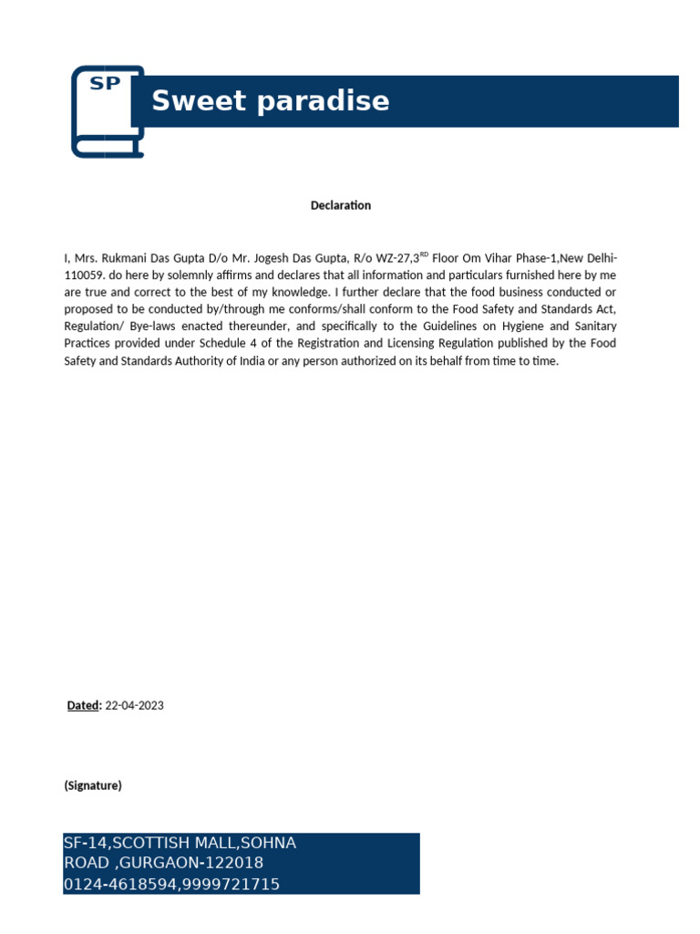 Declaration of Food Business Compliance | PDF