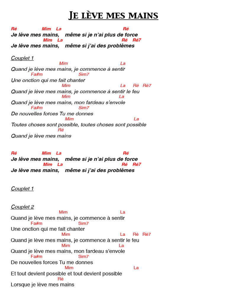 Je lève mes mains : Paroles et Accords | PDF