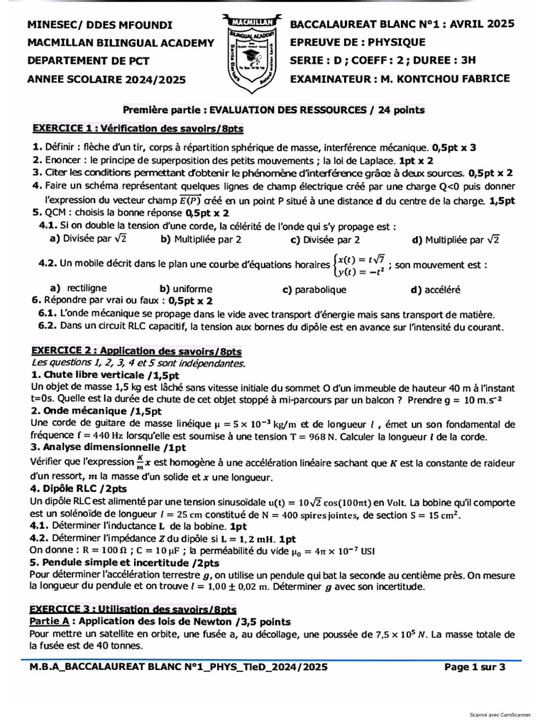 Bacc Blanc N°1 - Physique Tle D - MBA - Avril 2025 | PDF