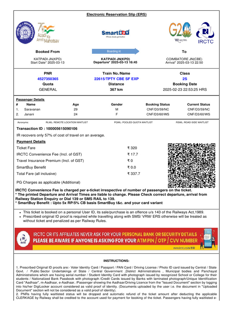 Electronic Reservation Slip for Train Ticket | PDF | Identity Document