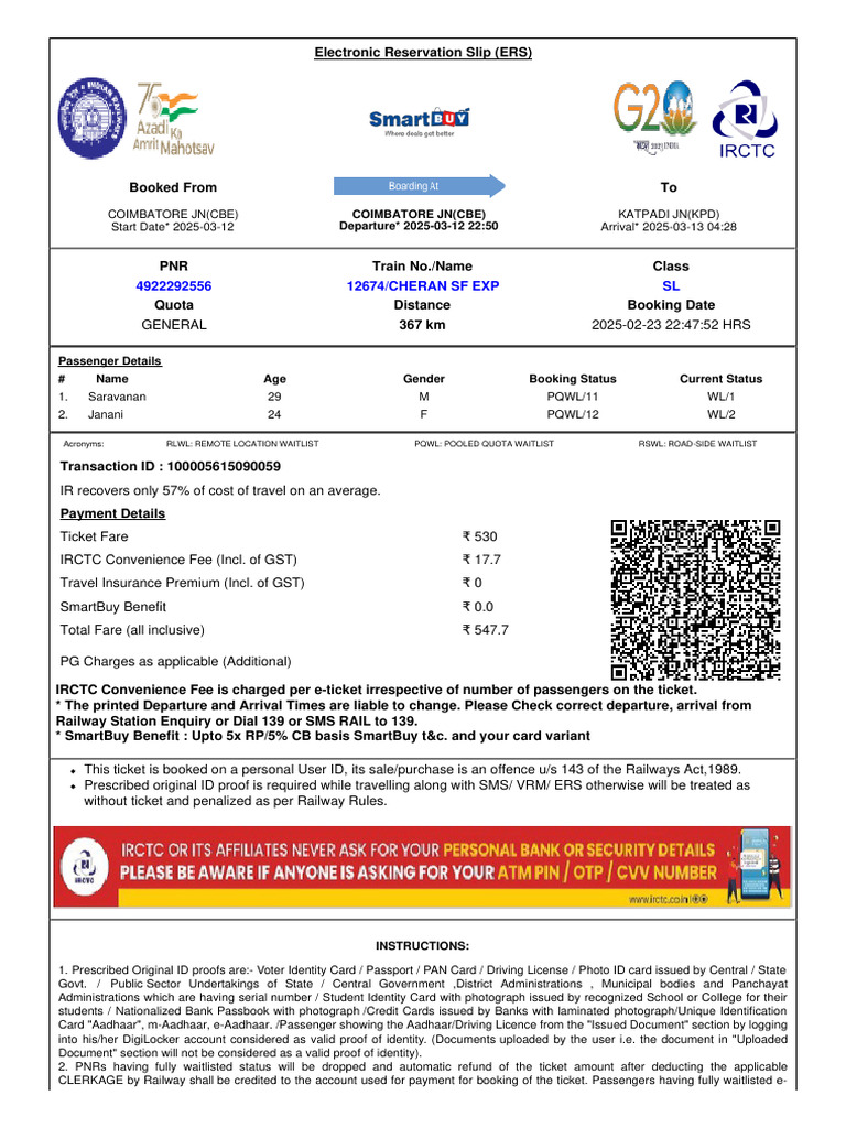 IRCTC Train Ticket Format | PDF | Identity Document