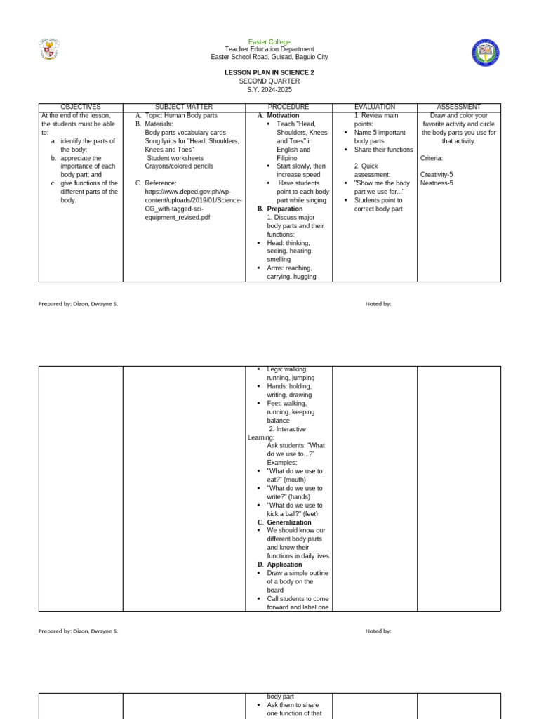 Body Parts Lesson Plan for Grade 2 | PDF | Lesson Plan | Teaching