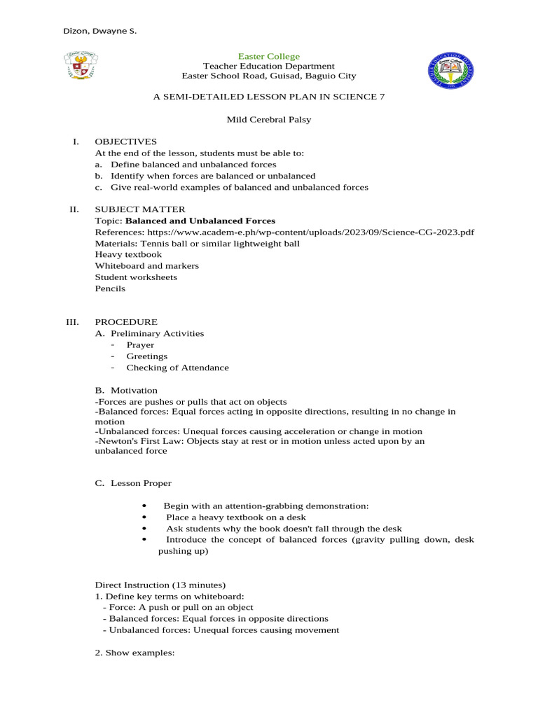 Lesson Plan: Forces for Cerebral Palsy | PDF | Force