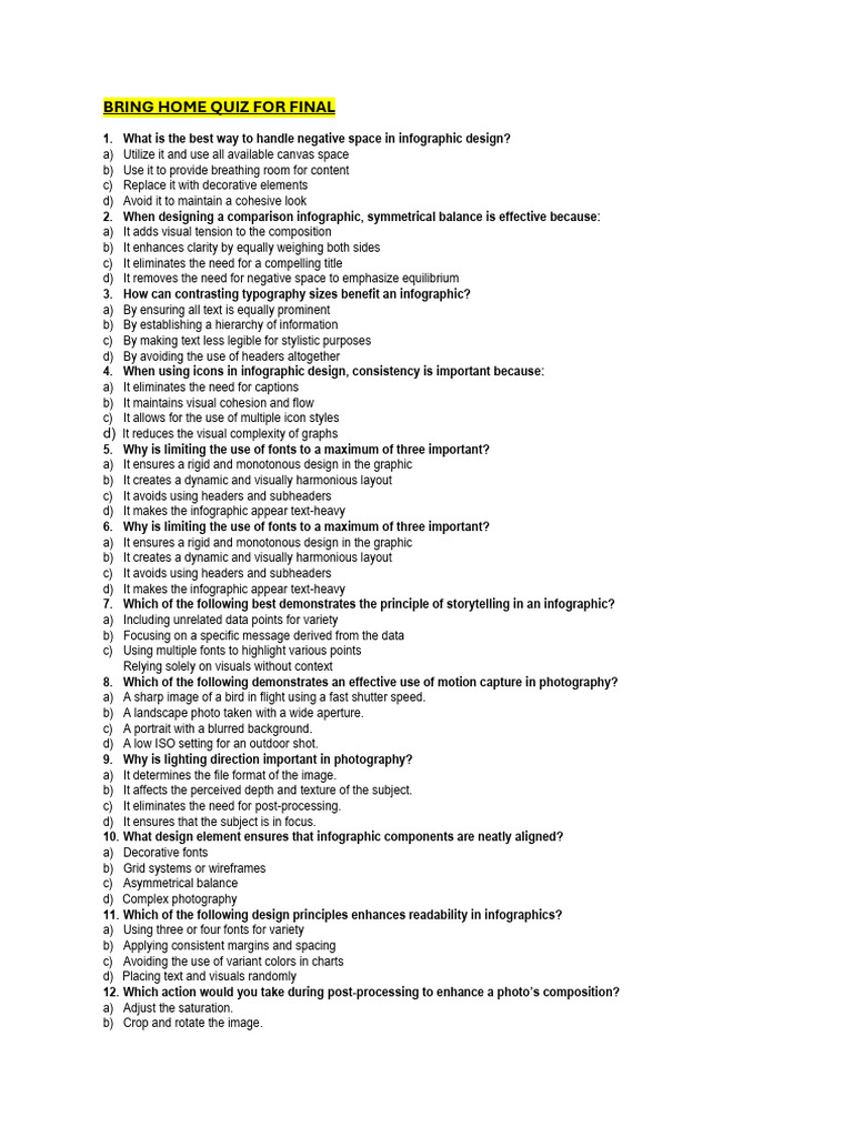 Bring Home Quiz For Final | PDF | Shutter Speed | Image Editing