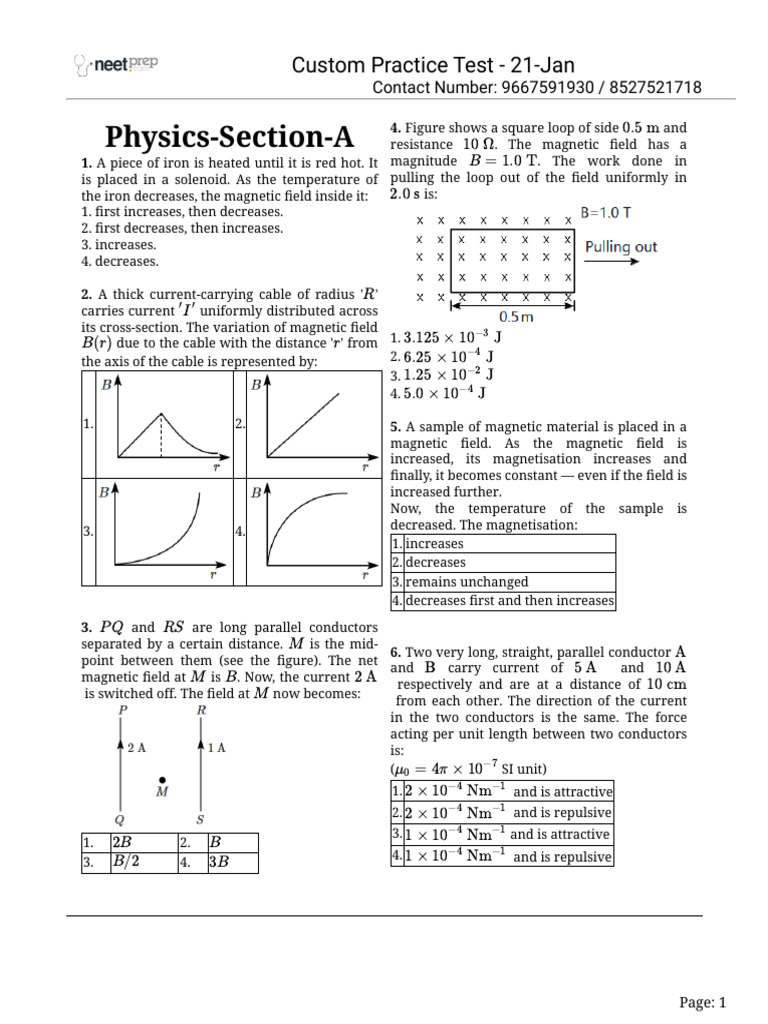 Custom Practice Test - 21-Jan | PDF | Magnetism | Magnetic Field