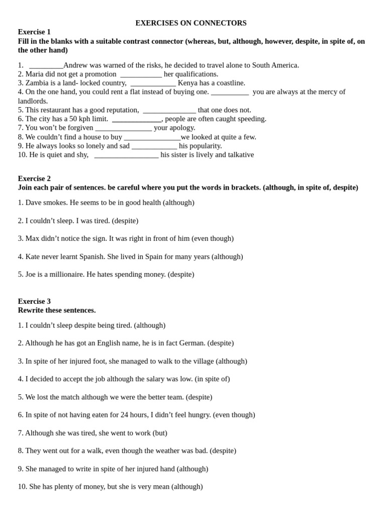 Linkers of Contrast 2ºBAC ALL Exercises | PDF