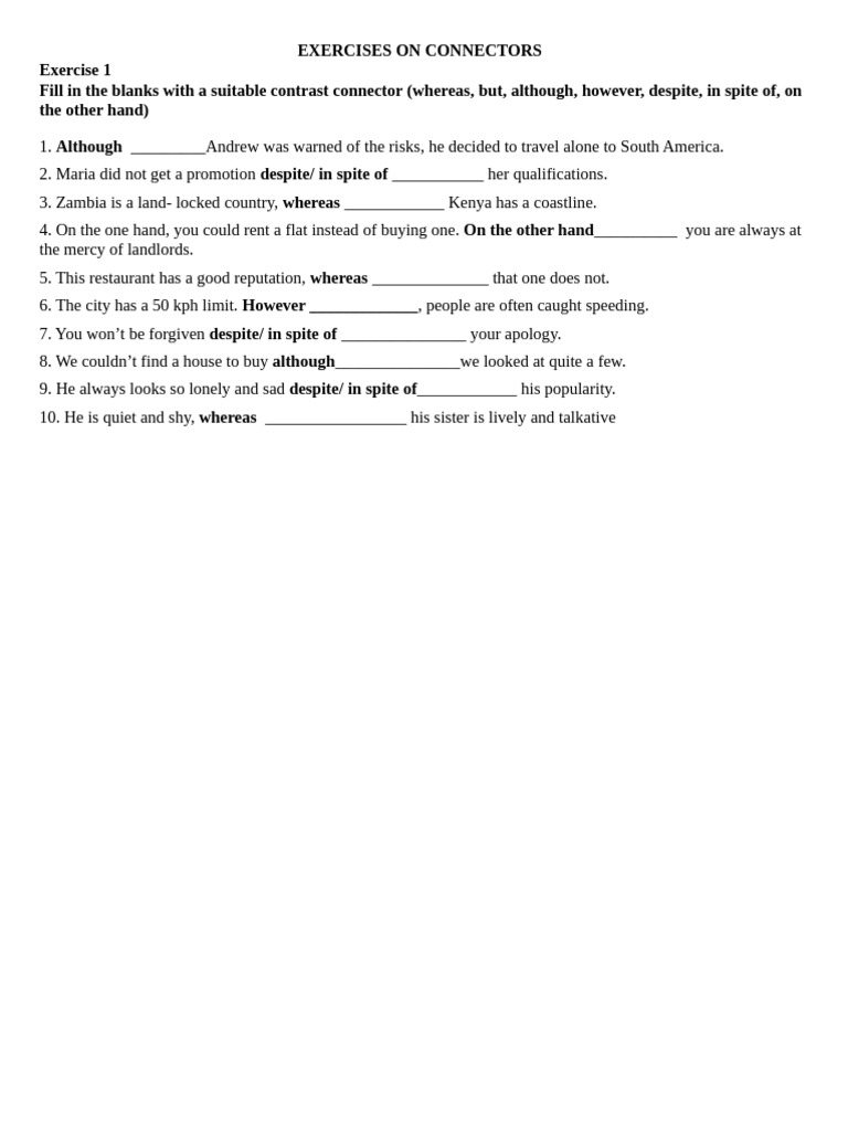 Contrast Connectors Exercises | PDF