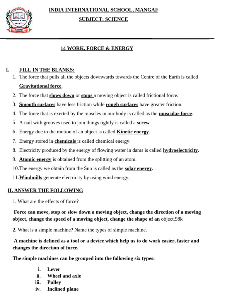 Iis W L-14 Class 5 Force-Energy and Simple Machines | PDF | Machines | Force