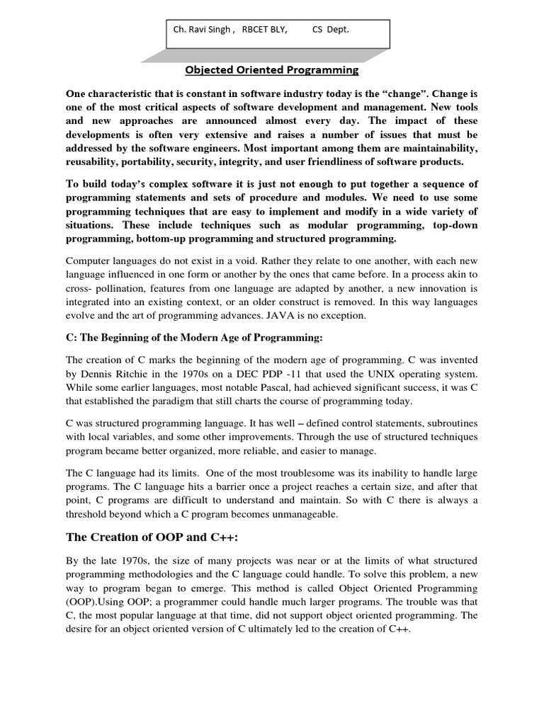 Object Oriented Techniques Unit 1 By Dr. Choudhary Ravi Singh | PDF | Object Oriented ...