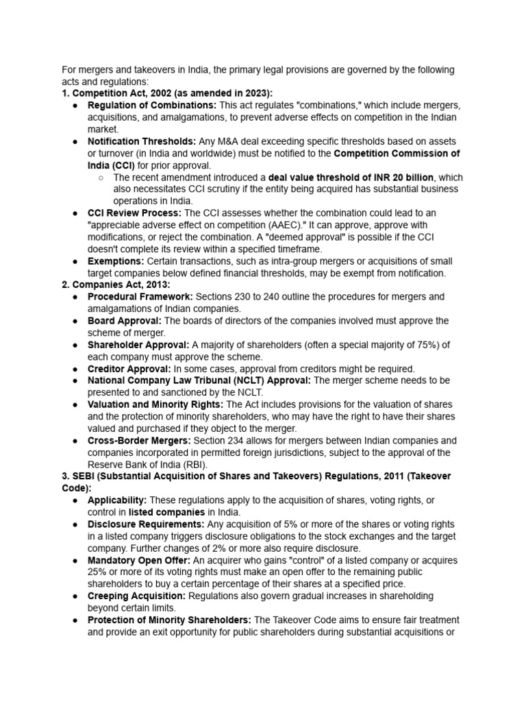 Legal Framework for Mergers in India | PDF | Mergers And Acquisitions ...