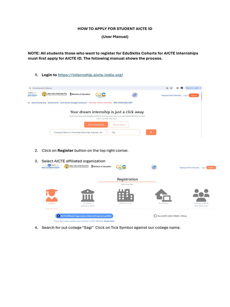 AICTE ID Internships Portal Account Creation Steps | PDF | Password | Internet