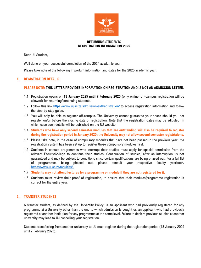 UJ Returning Students Registration 2025 | PDF | Travel Visa